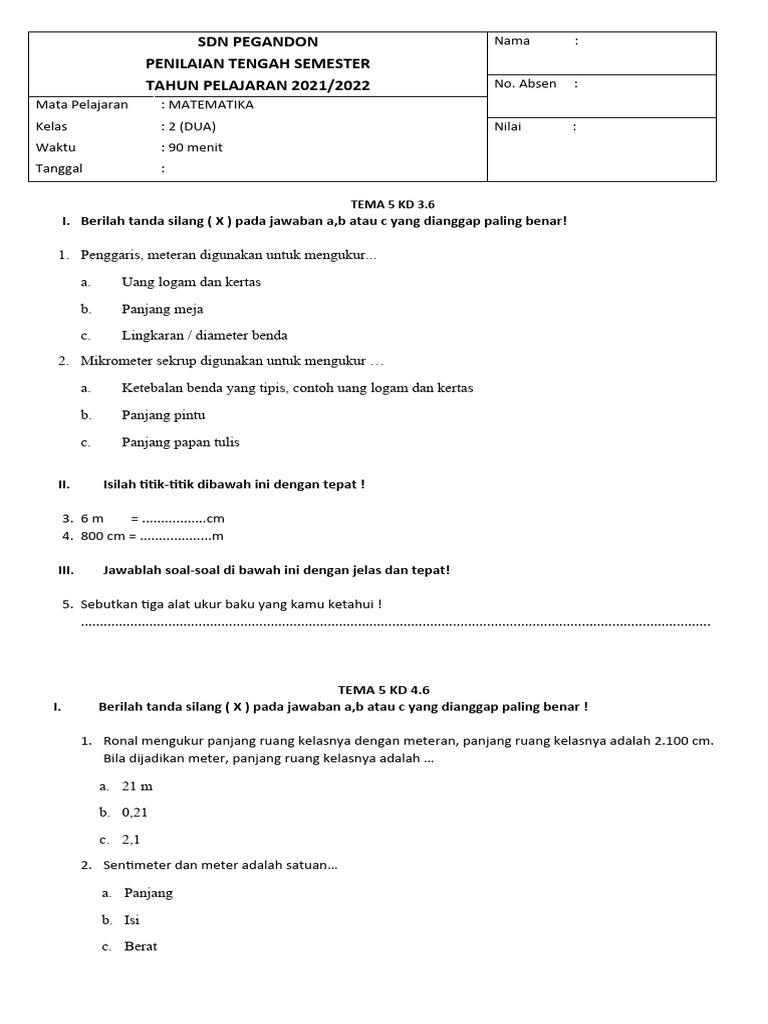 PTS Kelas 2 MTK | PDF