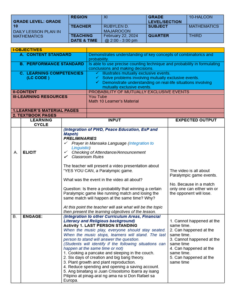 COT 3 Third Quarter Revised 2023 - G10 Revised | PDF | Learning | Probability