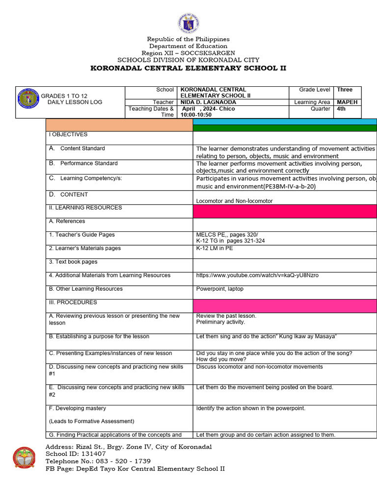 PE3 Q4 W1 Locomotor and Non Locomotr | PDF | Learning | Teachers