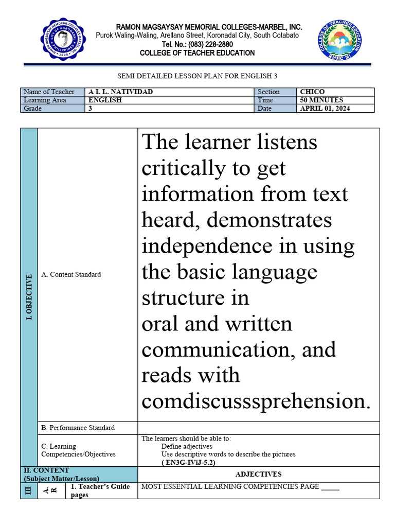 Final Lesson Plan Adjectives | PDF | Lesson Plan | Learning