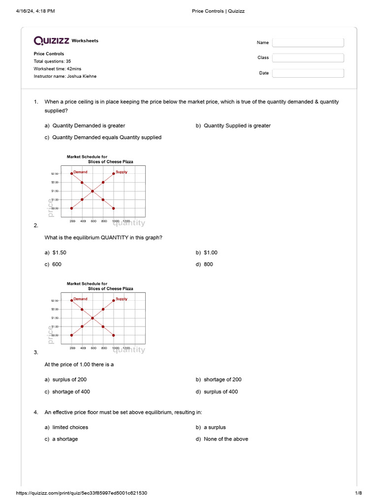 Price Controls - Quizizz | PDF | Economic Equilibrium | Economic Surplus