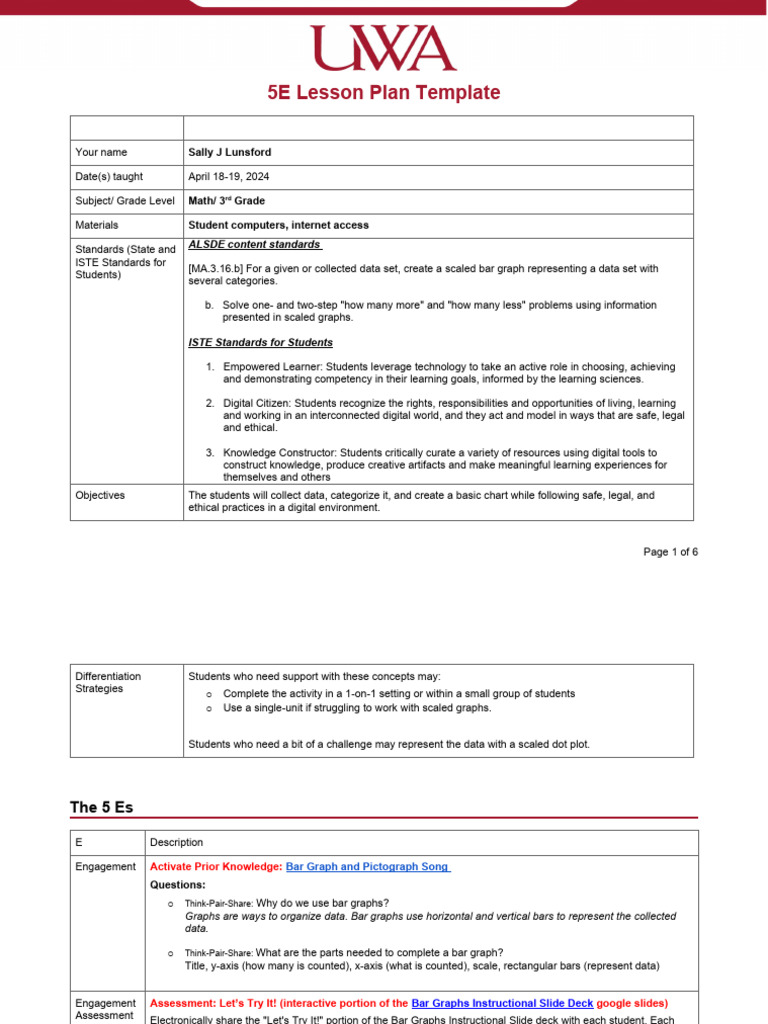 Lunsford Grade3 Math Bar Graphing 5e Lesson Plan | PDF | Learning ...