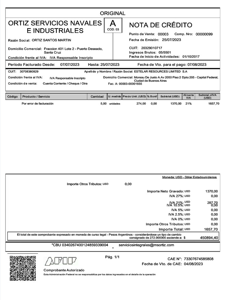 PDF Ortiz Servicios Navales e Industriales Nota de Credito Original Compress | PDF | Dólar de ...