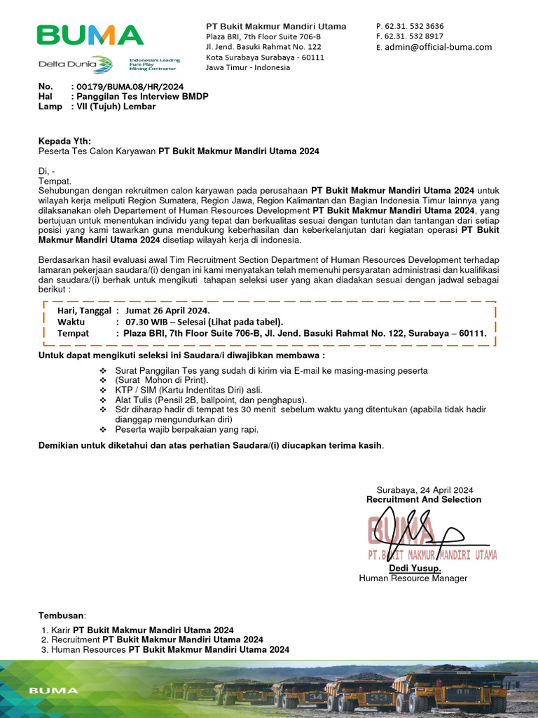 Surat Undangan Interview Calon Karyawan PT Bukit Makmur Mandiri Utama (BUMA) - Sby | PDF