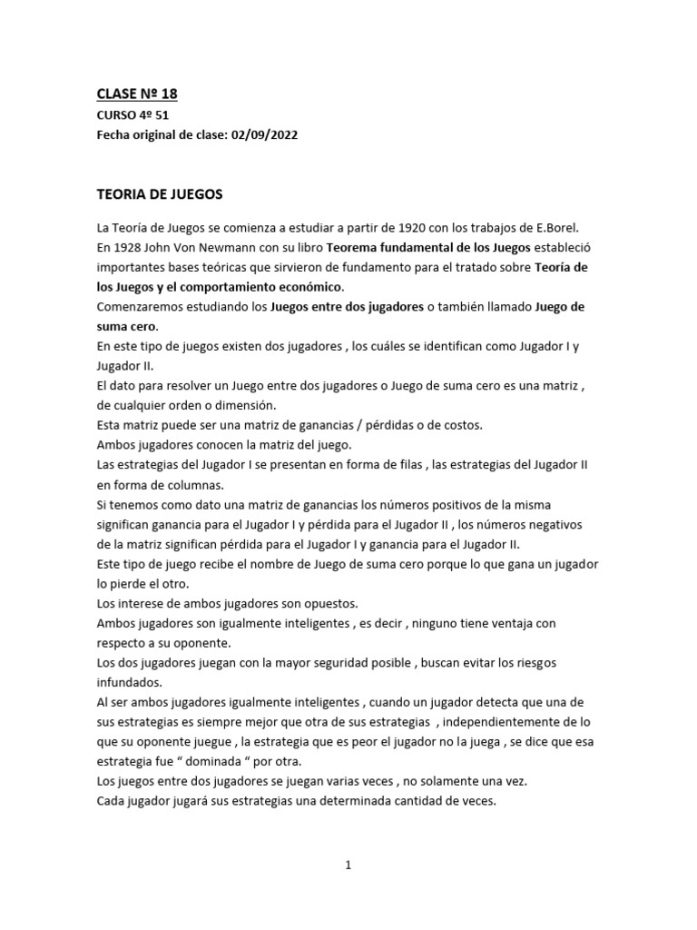 Clase #18: CURSO 4º 51 Fecha Original de Clase: 02/09/2022 | PDF | Teoría de juego | Matemáticas