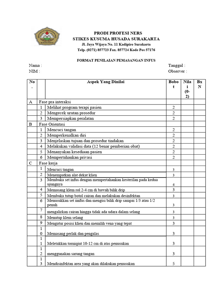 Penilaian Pemasangan Infus Ners STIKES | PDF