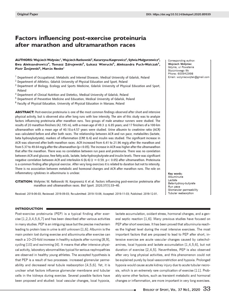 Factors Influencing Post-Exercise Proteinuria Afte | PDF | Medical Specialties | Clinical Medicine