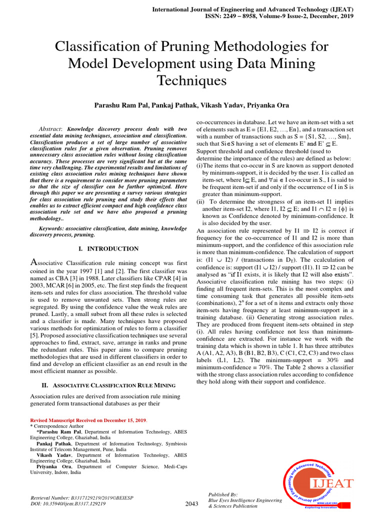 2019-12 Classification of Pruning Methodologies for Model Development using Data Mining ...