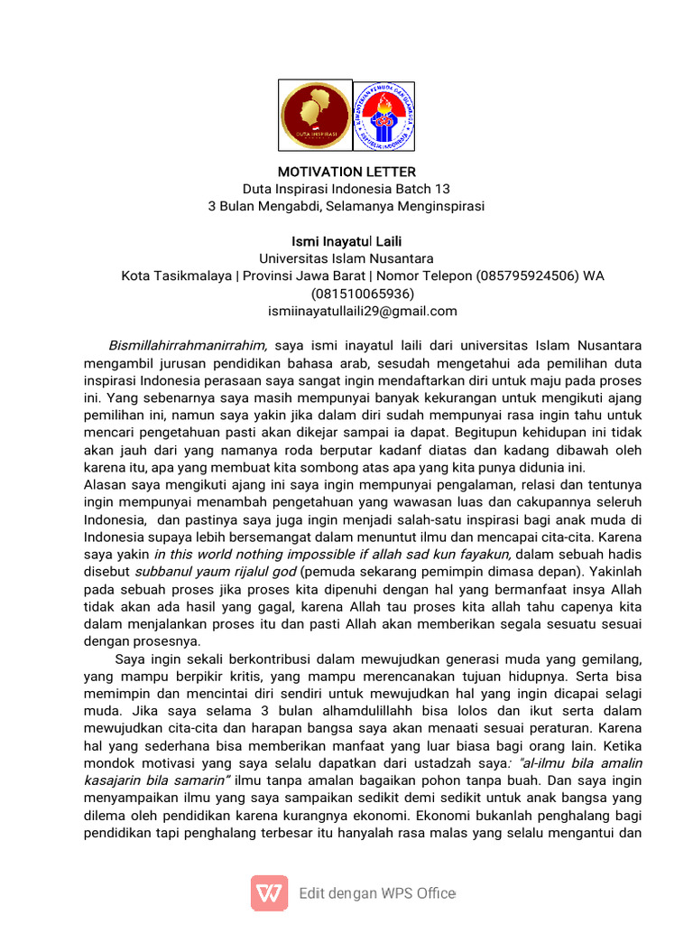 Motivation Letter Duta Inspirasi Batch 13 | PDF