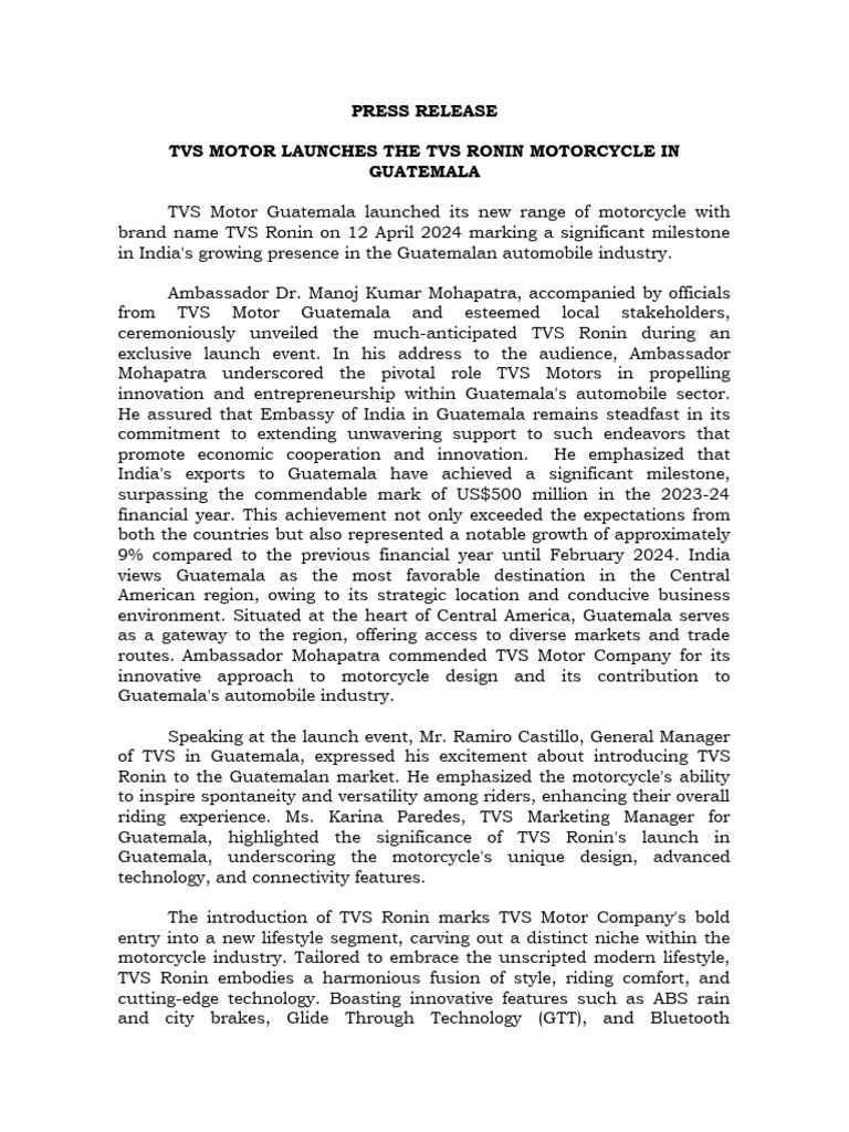 Press Releease - TVS Motor Company Launches The TVS Ronin | PDF ...