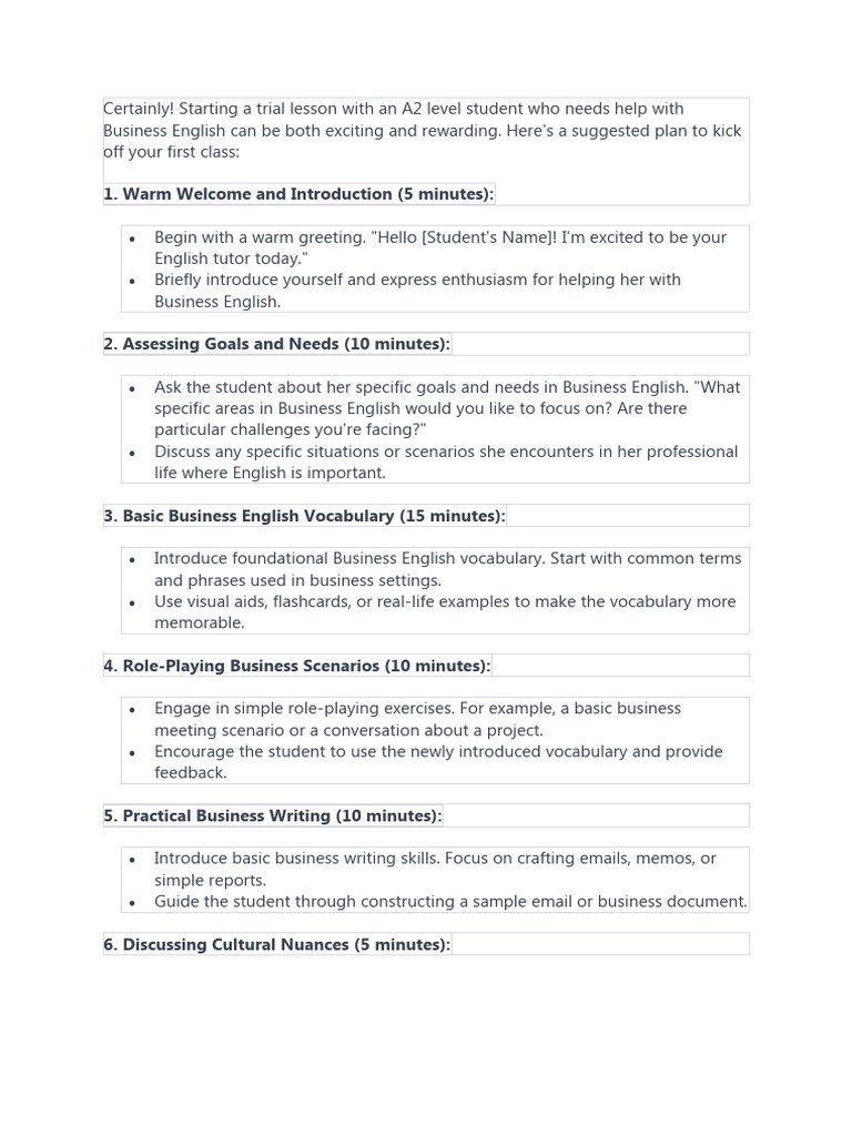 Lesson Plan for A2 Business English Student Template | PDF | Vocabulary ...