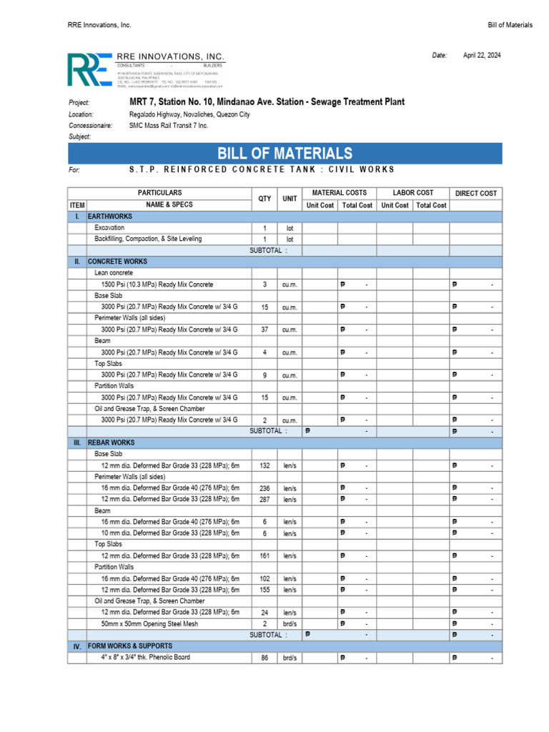 BOM - MRT 7, Station 10, STP Project, UG RC Tank (Materials Needed As ...