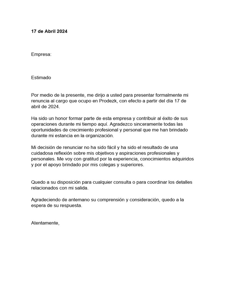 Renuncia Formal en Prodezk 2024 | PDF