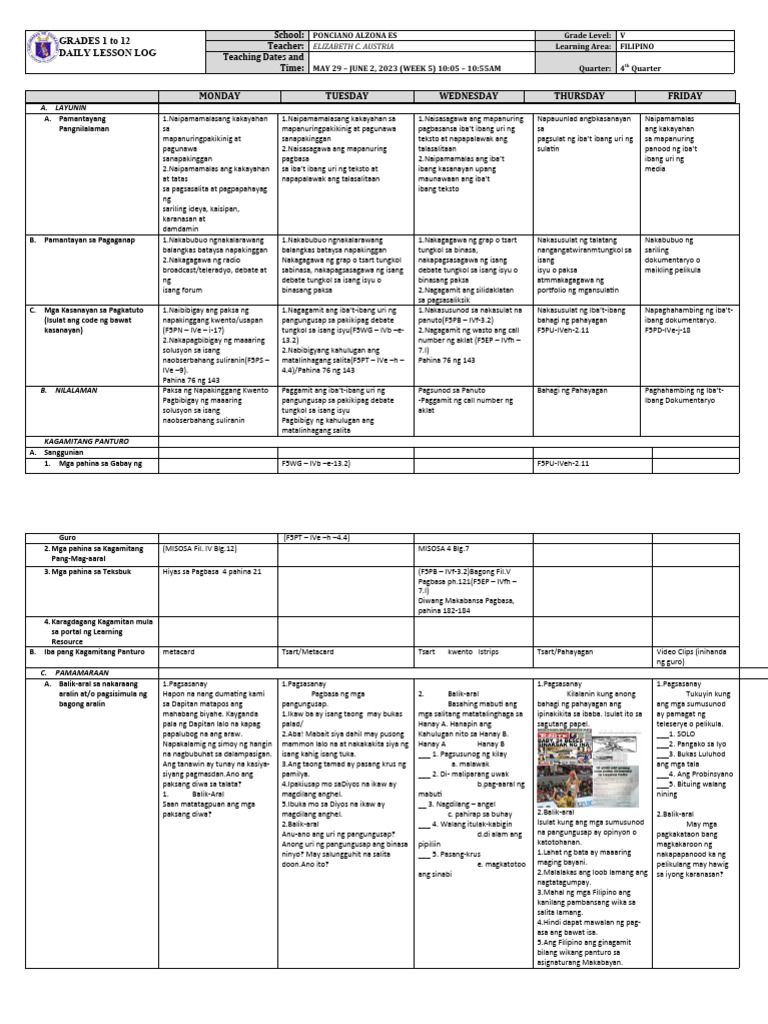 Grade 5 DLL FILIPINO 5 Q4 Week 5 | PDF