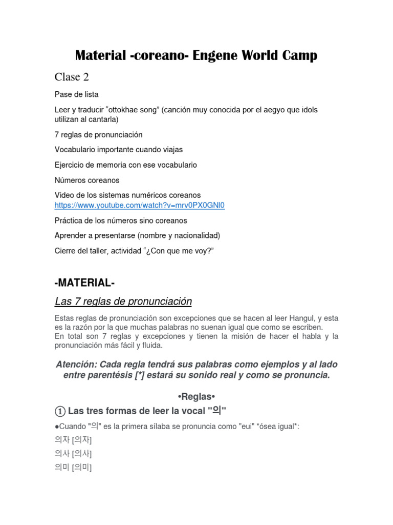 Material Clase Dos de Coreano | PDF | Sílaba | Lenguaje Koreano