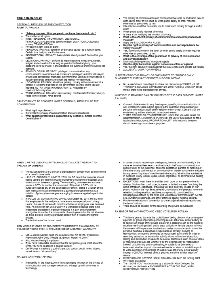 Consti Law Ii Finals Reviewer | PDF | Privacy | Ex Post Facto Law