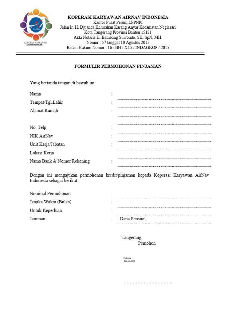 Formulir Permohonan Peminjaman Simpin | PDF