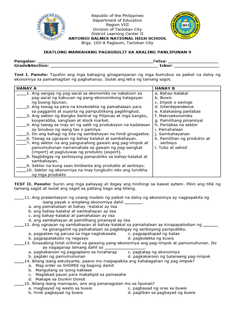 3RD Quarter Periodical Test Ap 9 | PDF