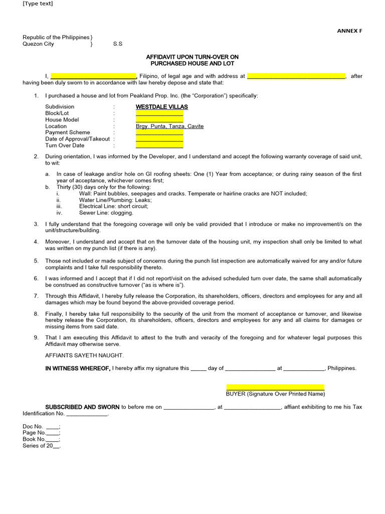 5 ANNEX F AFFIDAVIT UPON TURN-OVER ON PURCHASED HOUSE & LOT - 4copies ...