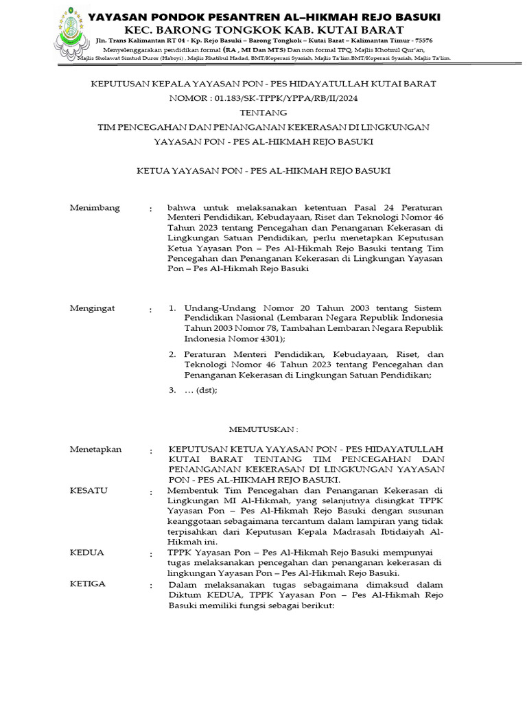 SK TPPK Yayasan Pon - Pes Al-Hikmah Tahun 2024.. | PDF