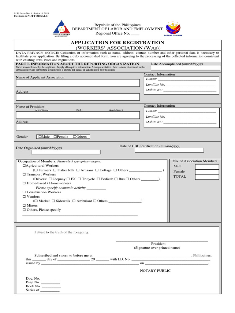 BLR Form No. 4, Series 2024 - Workers Associations - With Data Privacy Act Notice | PDF ...