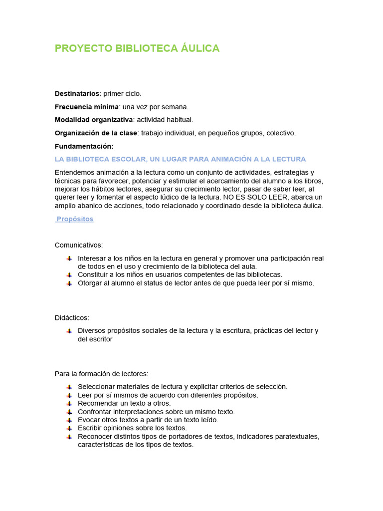 PROYECTO BIBLIOTECA ÁULICA | PDF | Salón de clases | Escritura