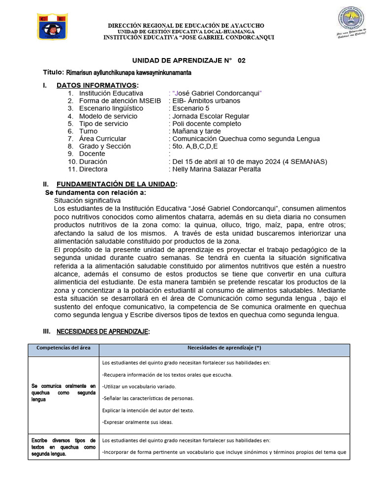 II UNIDAD DE APRENDIZAJE Quechua 5° Grado | PDF | Aprendizaje | Evaluación