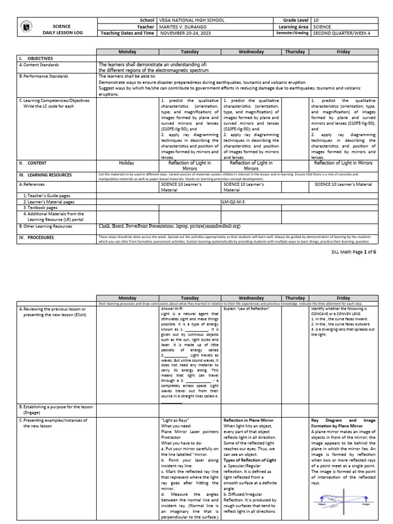 Grade 10 Science Lesson Plan | PDF | Mirror | Optics
