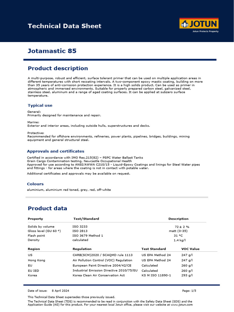 Jotamastic 85 Technical Data Overview | PDF | Abrasive | Paint