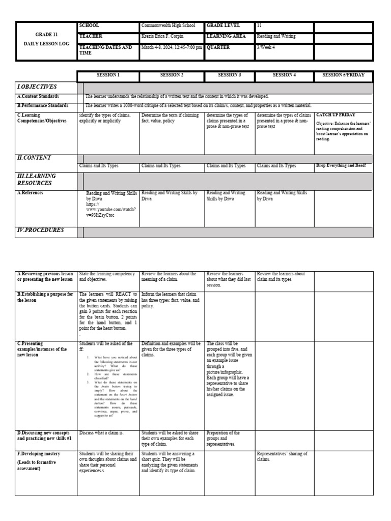 Reading and Writing WEEK 4 | PDF | Learning | Literacy