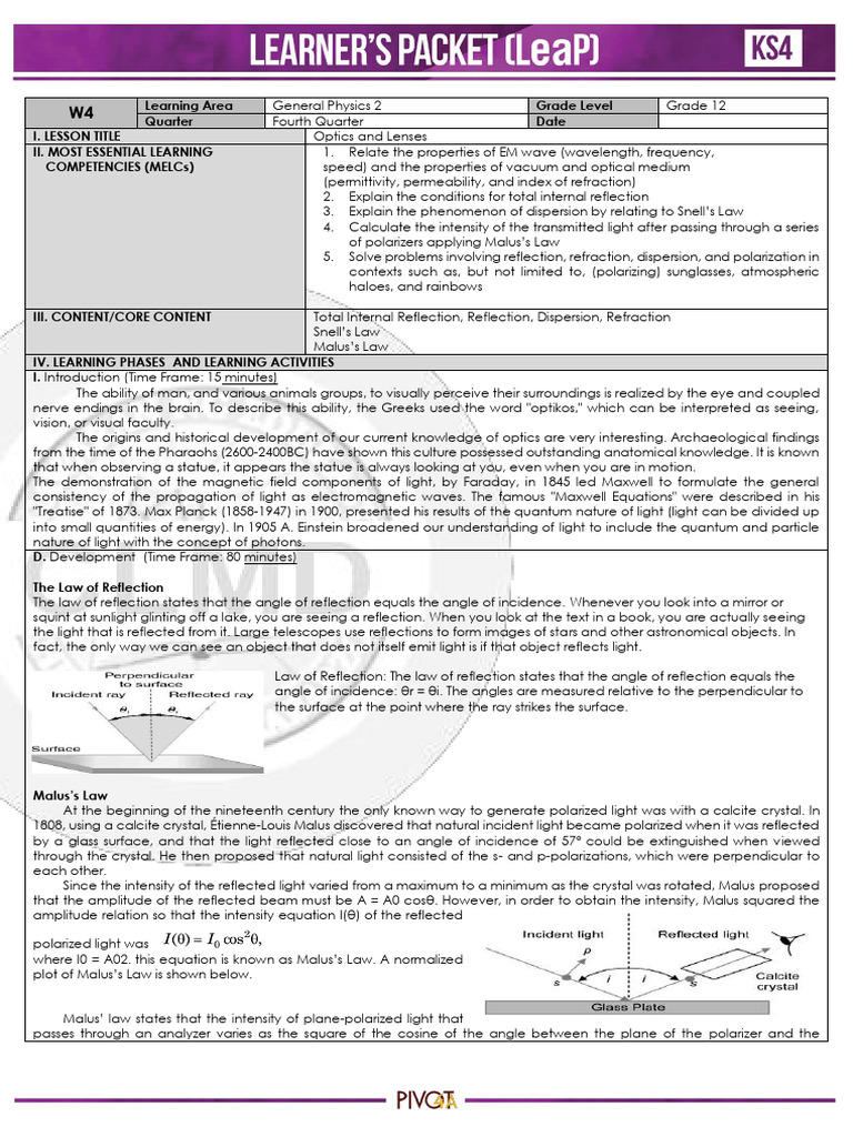 Q4 STEM General Physics 2 Week 4 | PDF | Light | Polarization (Waves)