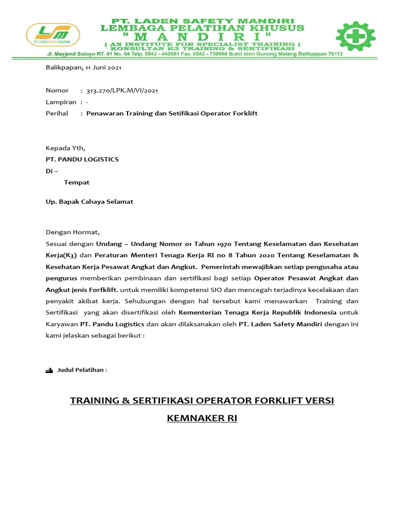Penawaran - Forklift Pt. Pandu Logistics 2021 | PDF