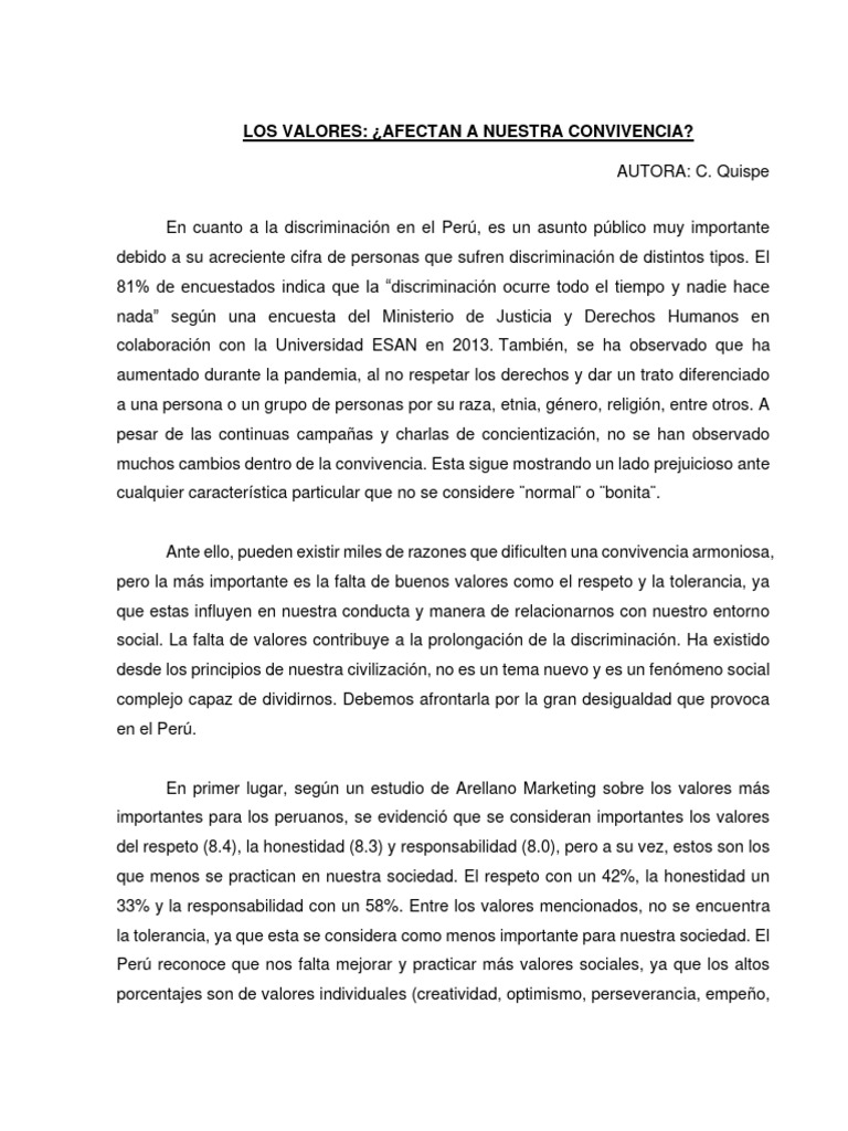 Ensayo de Valores en La Sociedad | Descargar gratis PDF | Discriminación | Tolerancia