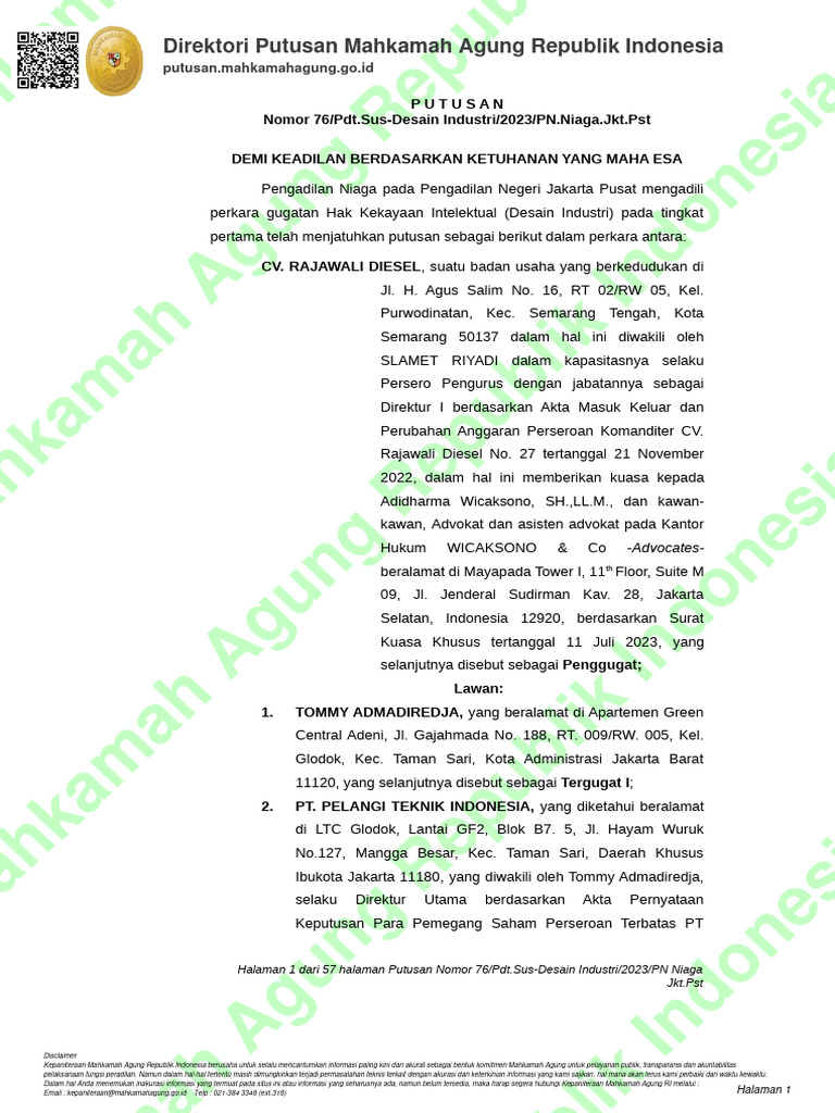 Putusan 76 PDT - Sus-Hki Desain Industri 2023 PN Niaga JKT - PST 20240424170140 | PDF