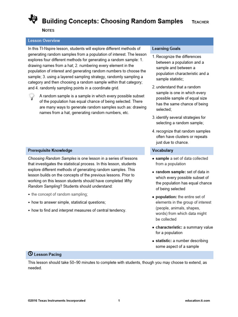 Choosing Random Samples - Teacher - Doc | PDF | Sampling (Statistics ...
