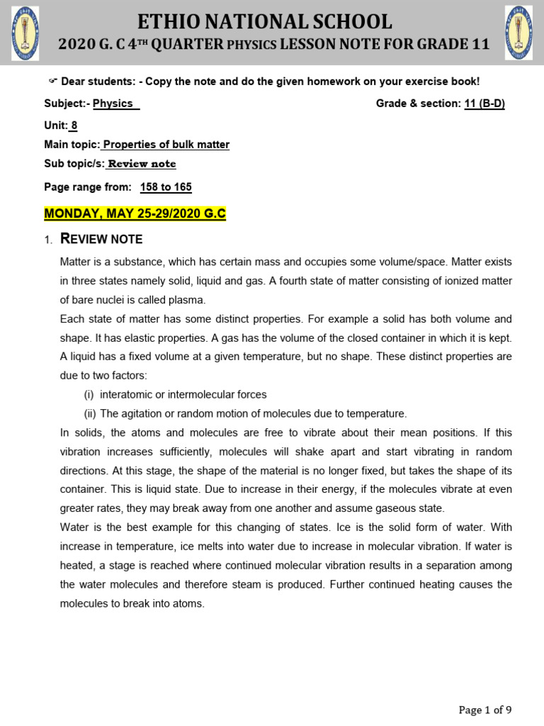 Grade 11 PhysicsLesson Note May 27,2020 | PDF | Elasticity (Physics ...