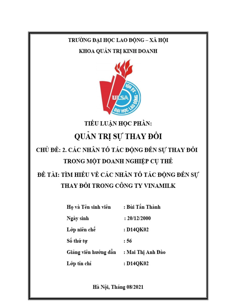Tailieuxanh Tim Hieu Ve Cac Nhan To Tac Dong Den Su Thay Doi Trong Cong Ty Vinamilk 8786 | PDF