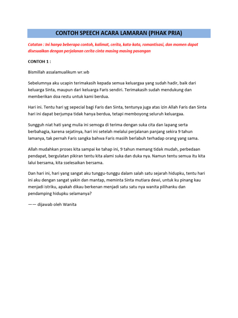 Contoh Speech Lamaran (Pihak Pria) | PDF