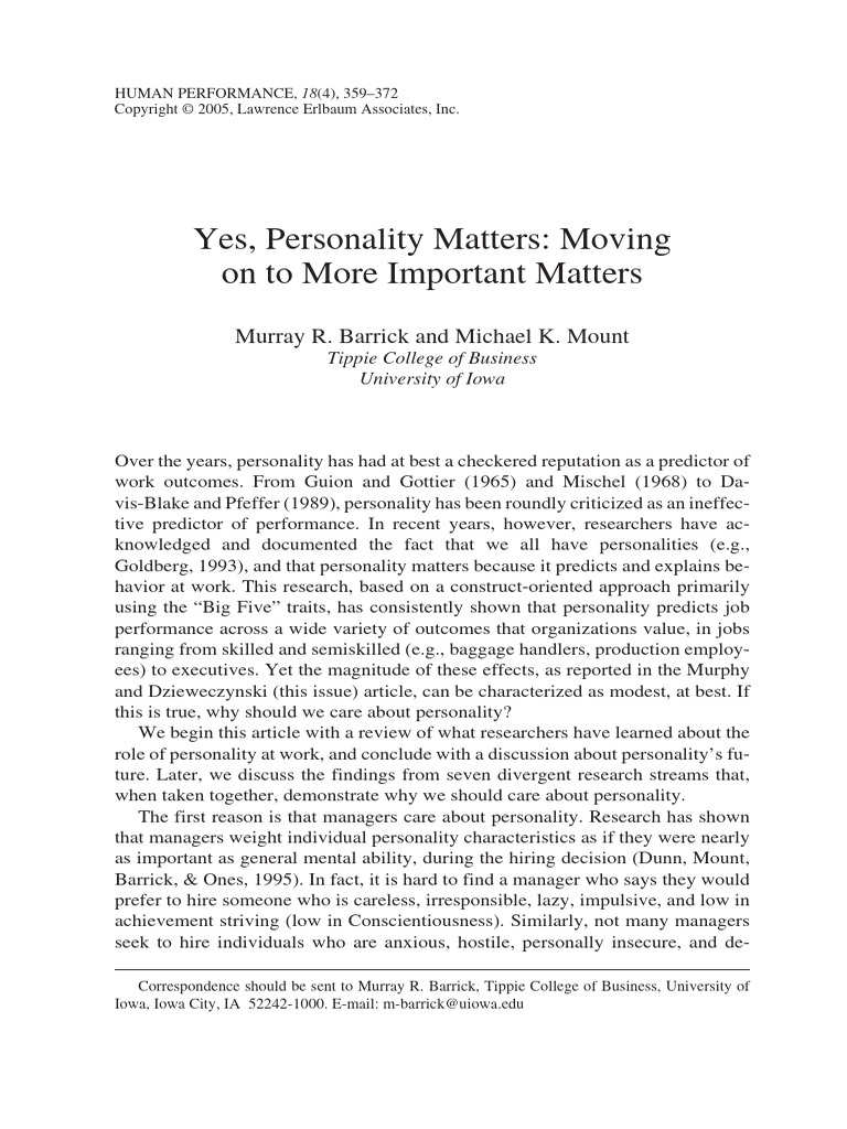 (2005) .Barrick, M. R., Yes, Personality Matters Moving Onto More ...
