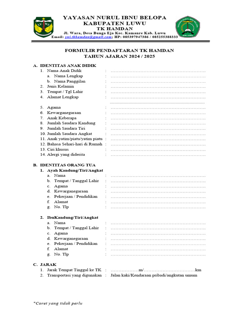 formulir-pendaftaran-TK Hamdan | PDF