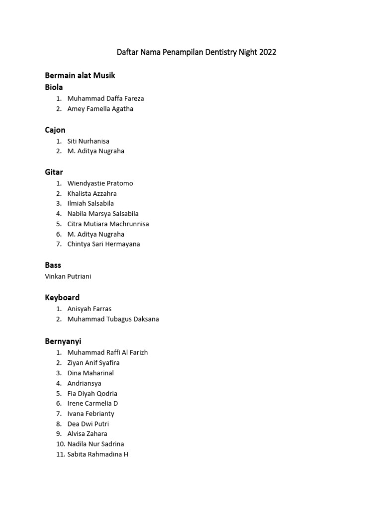 Daftar Penampil Dentistry Night 2022 | PDF
