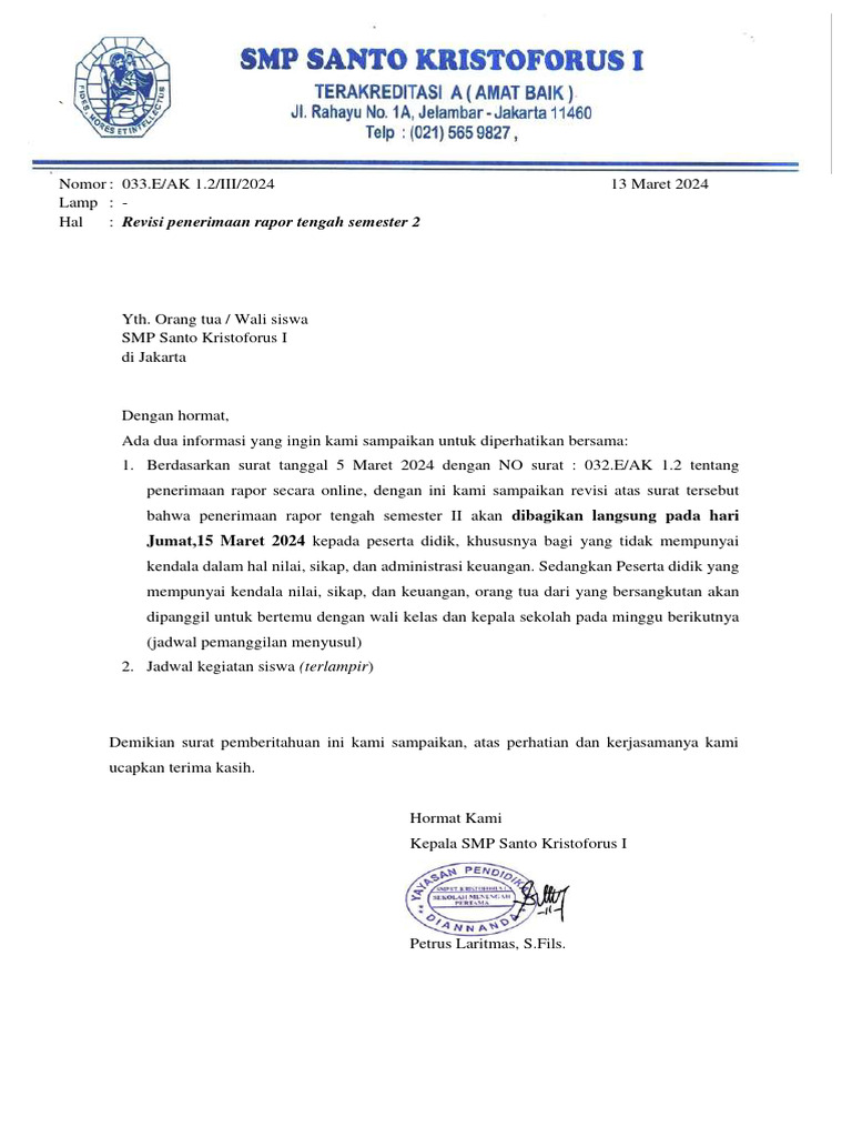 Revisi Surat Pemberitahuan Penerimaan Rapor Mid Semester 2 Tahun ...