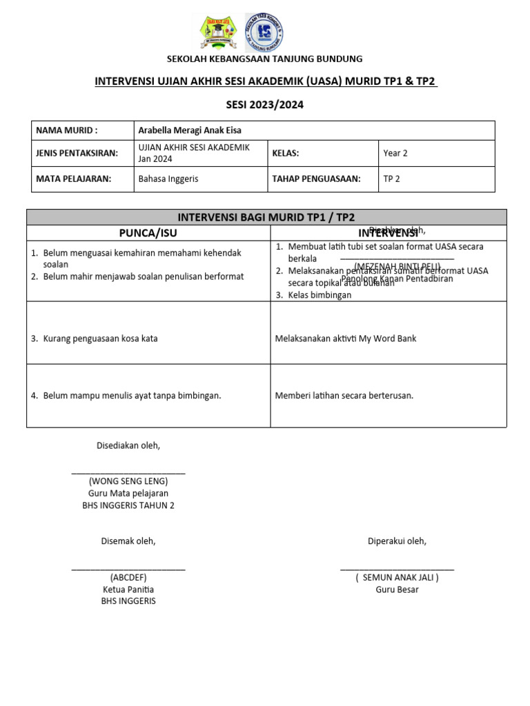 Contoh - Punca & Perancangan Intervensi TP 1 - TP 2 (Tahap 2) Uasa 2023 | PDF