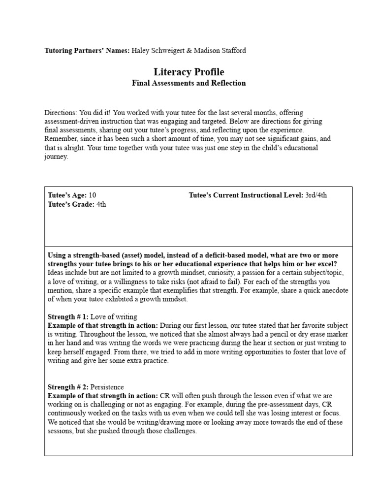 literacy profile final assessments and reflection | PDF | Reading Comprehension | Phonics