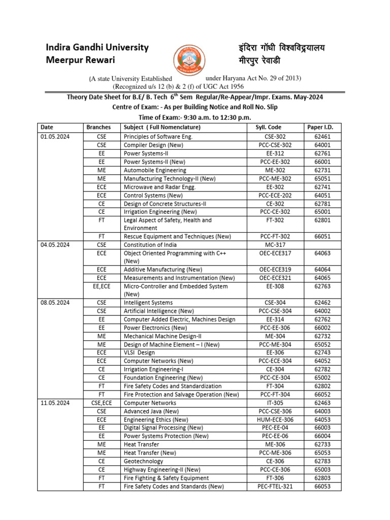 Theory Date Sheet For B.E, B. Tech Regular, Re-Appear, Impr. 6th ... Theory Date Sheet For B.E, B. Tech Regular, Re-Appear, Impr. 6th ...