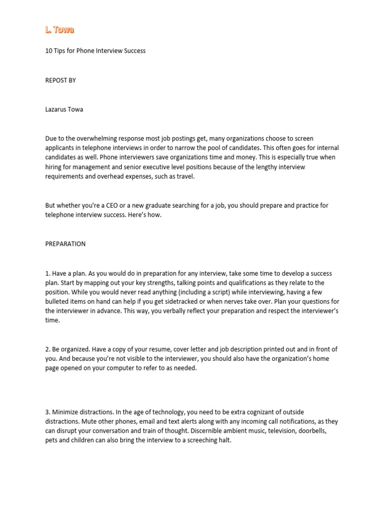 10 Tips for Phone Interview Success - LT | PDF | Job Interview | Communication