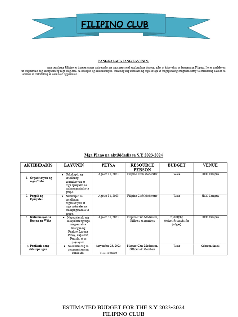 FILIPINO CLUB Activities | PDF