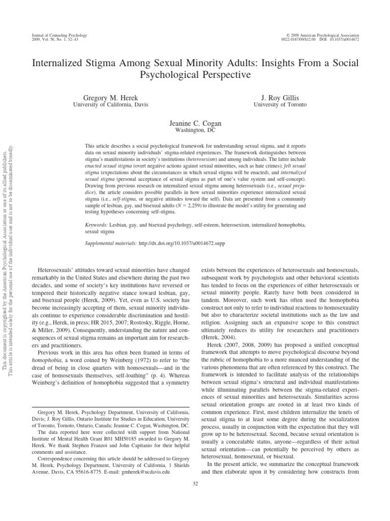 Internalized Stigma Among Sexual Minority Adults - Insights From A Social Psychological ...