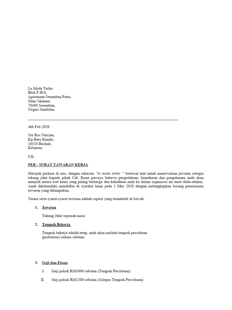 Contoh Surat Tawaran Kerja | PDF
