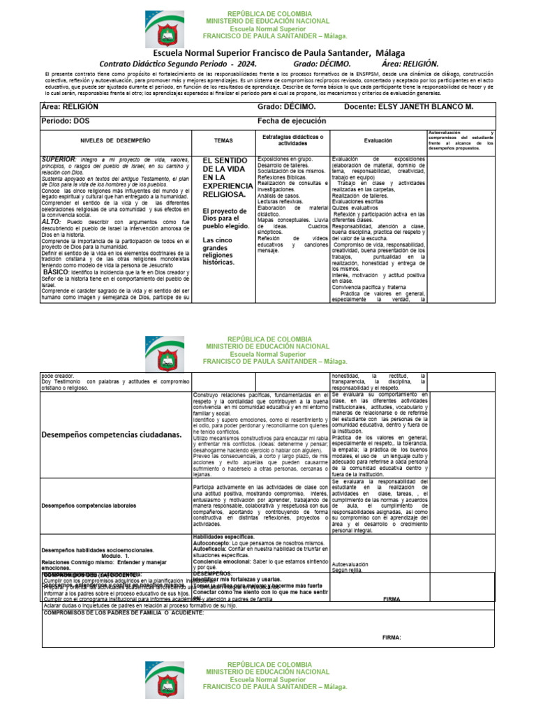Contrato Religión Décimo. Segundo Periodo 2024. | PDF | Evaluación | Dios